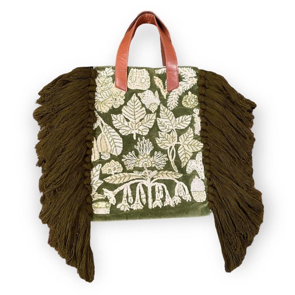 Anthropologie | Bags | Anthropologie Beaded Fringe Hem Bag Green Ivory ...